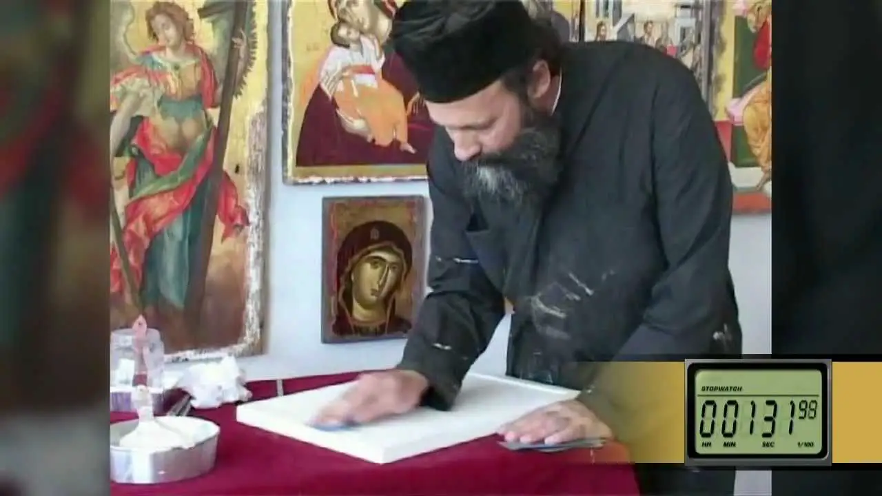 Painting the face - Byzantine icon. By T. Papadopoulos - PaintingTube